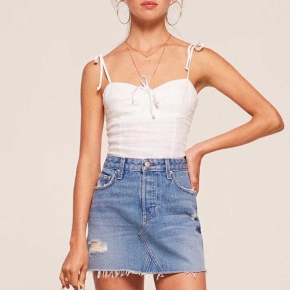 Reformation Retooled Denim Distressed Mini Skirt - Gem